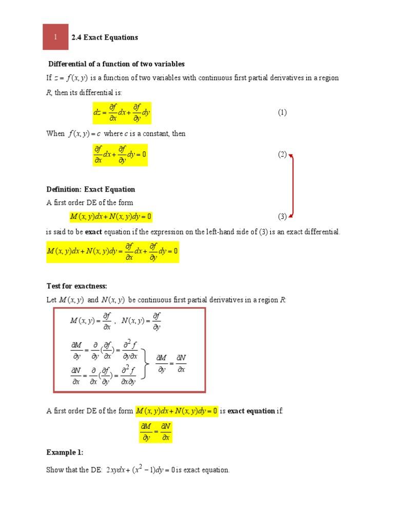 2.4 Exact Equations | PDF | Differential Equations | Equations