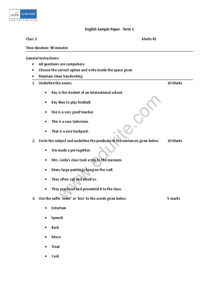 Class 3 ICSE English Sample Paper Term 1 | PDF