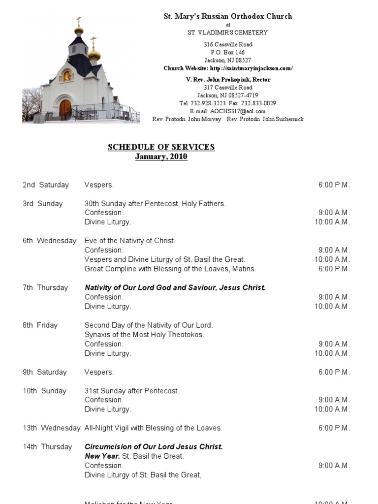 St. Mary's Orthodox Church January 2010 Schedule | PDF | Catholic ...