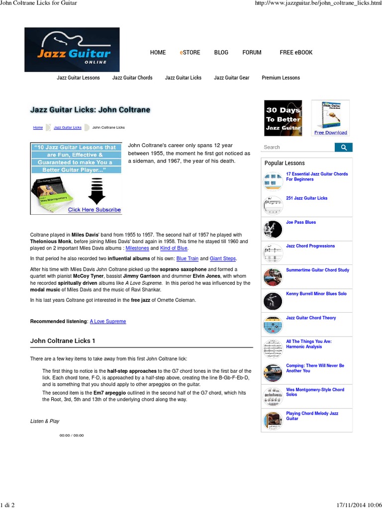 John Coltrane Licks For Guitar | PDF | Jazz | Chord (Music)