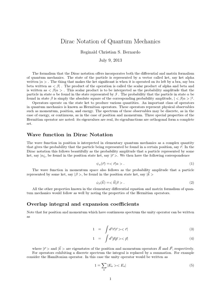 Dirac Notation of Quantum Mechanics | PDF | Wave Function | Particle Physics