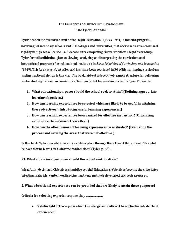 The Four Steps of Curriculum Development: An Analysis of Ralph Tyler's ...