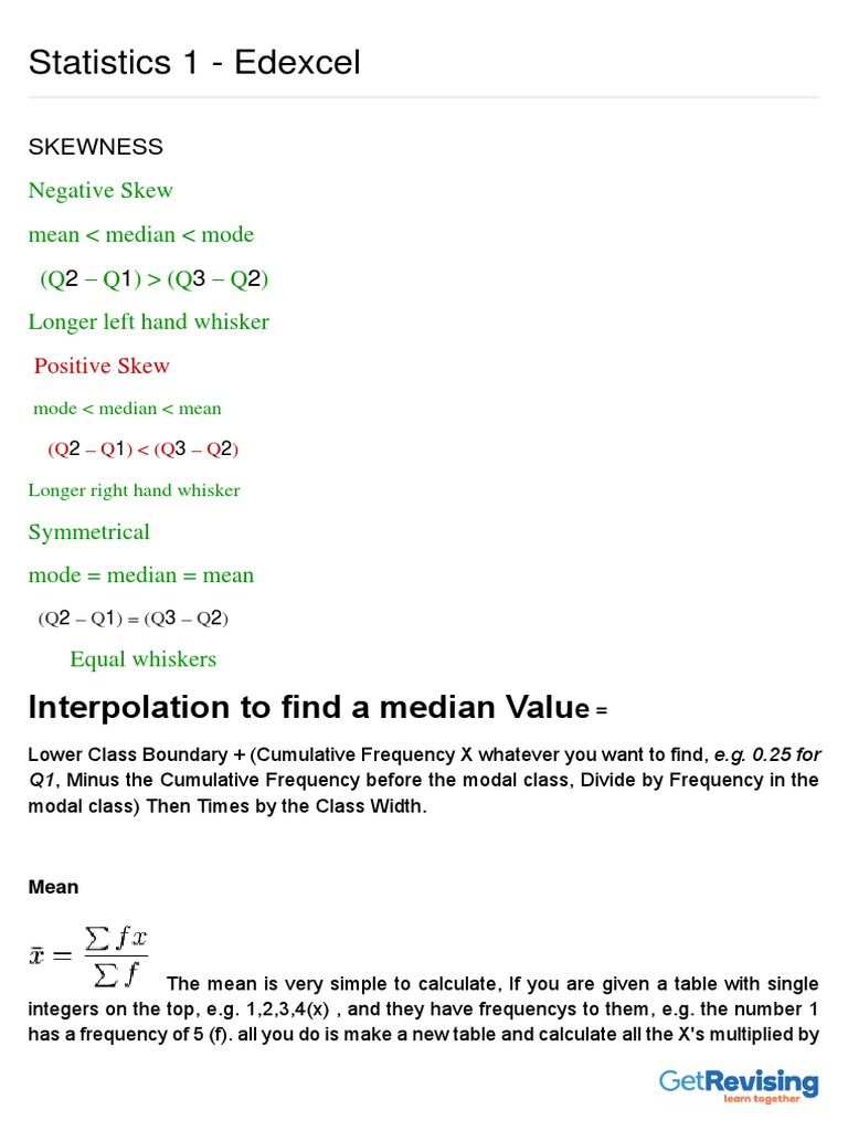 Edexcel s1 Revision Notes | PDF | Mode (Statistics) | Median