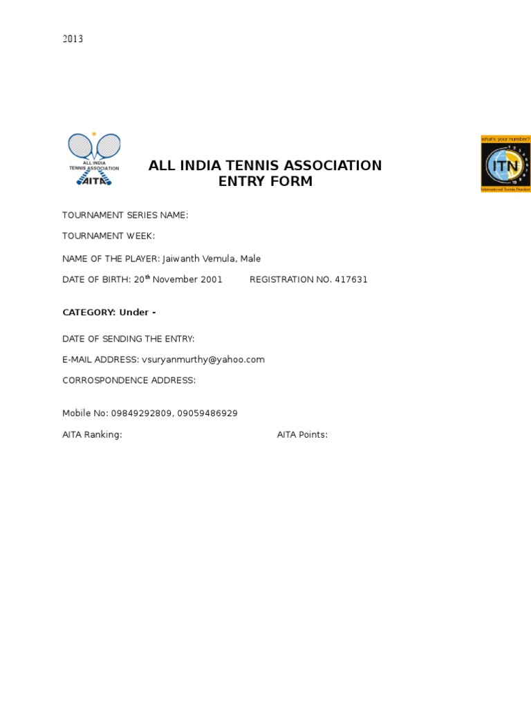 AITA Tennis Entry Form 2013 | PDF