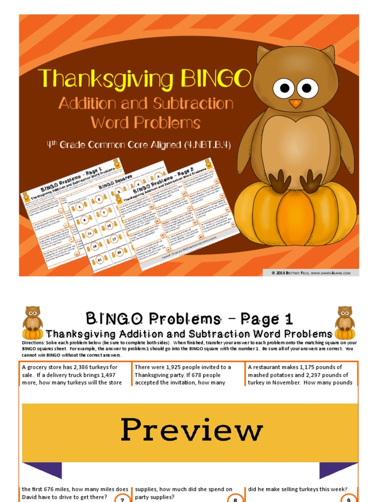 Bingo - Thanksgiving Addition and Subtraction 4th Preview | PDF ...