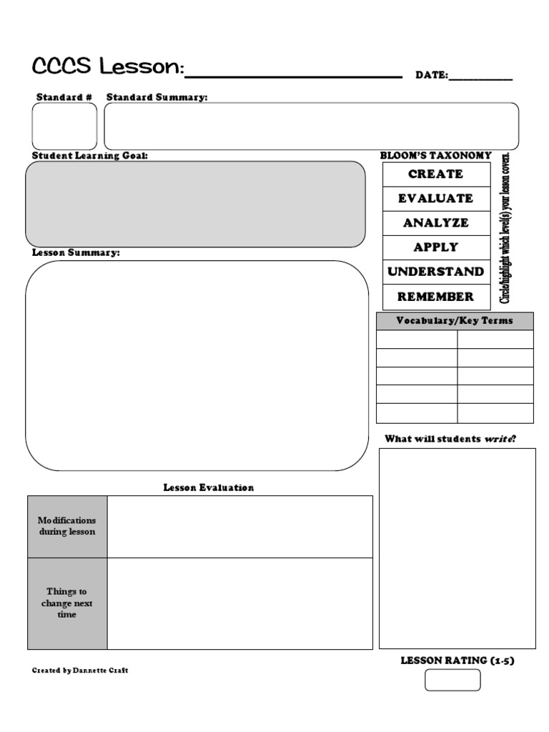 Lesson Planner Common Corewith Blooms Taxonomyand Lesson Evaluation ...