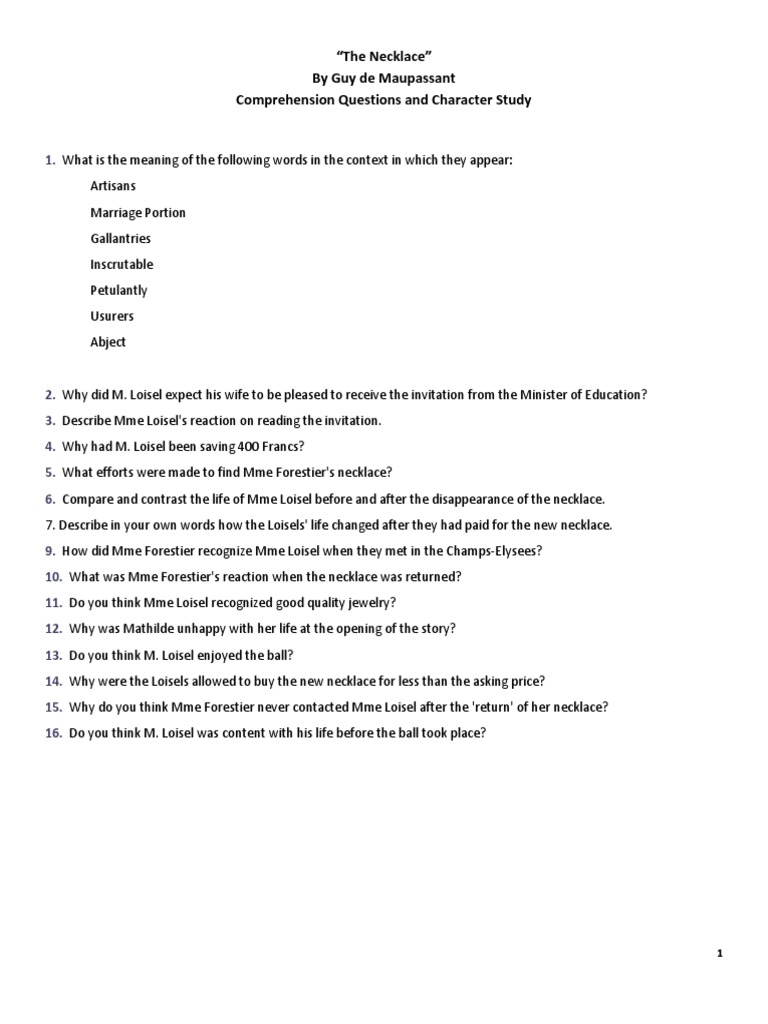 The Necklace Comp Questions Character Study | PDF | Religion & Spirituality