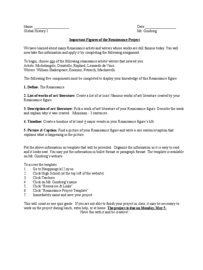 Ranaissance Mini Project Directions and Rubric | PDF | Renaissance ...