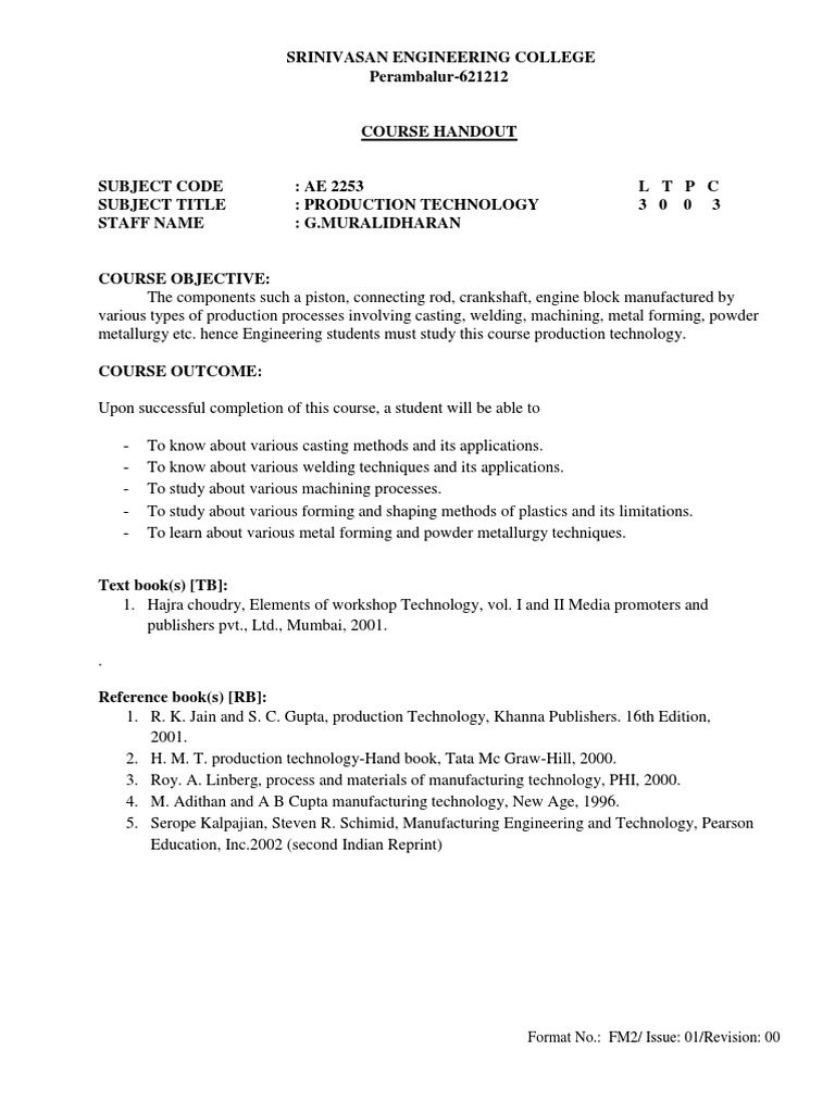 Production Technology Course Out | PDF | Machining | Welding