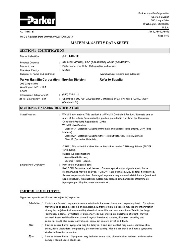 Acti Brite MSDS | PDF | Resource Conservation And Recovery Act | Dangerous Goods