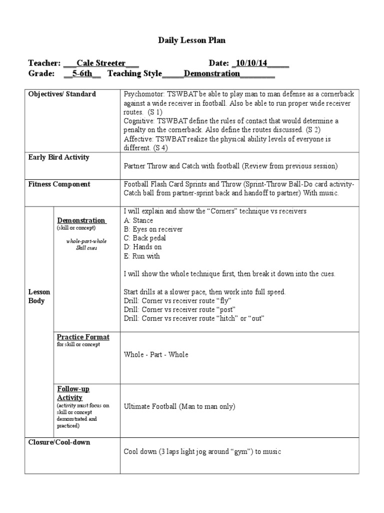 Football Defense Lesson Plan for Grades 5-6 | PDF | Teaching Methods ...