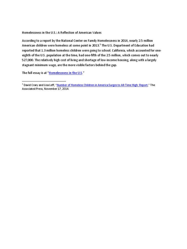 Homelessness in The U.S.: A Reflection of American Values | PDF