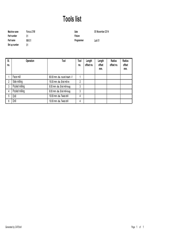 CNC Milling Tool List Fanuc-21M | PDF