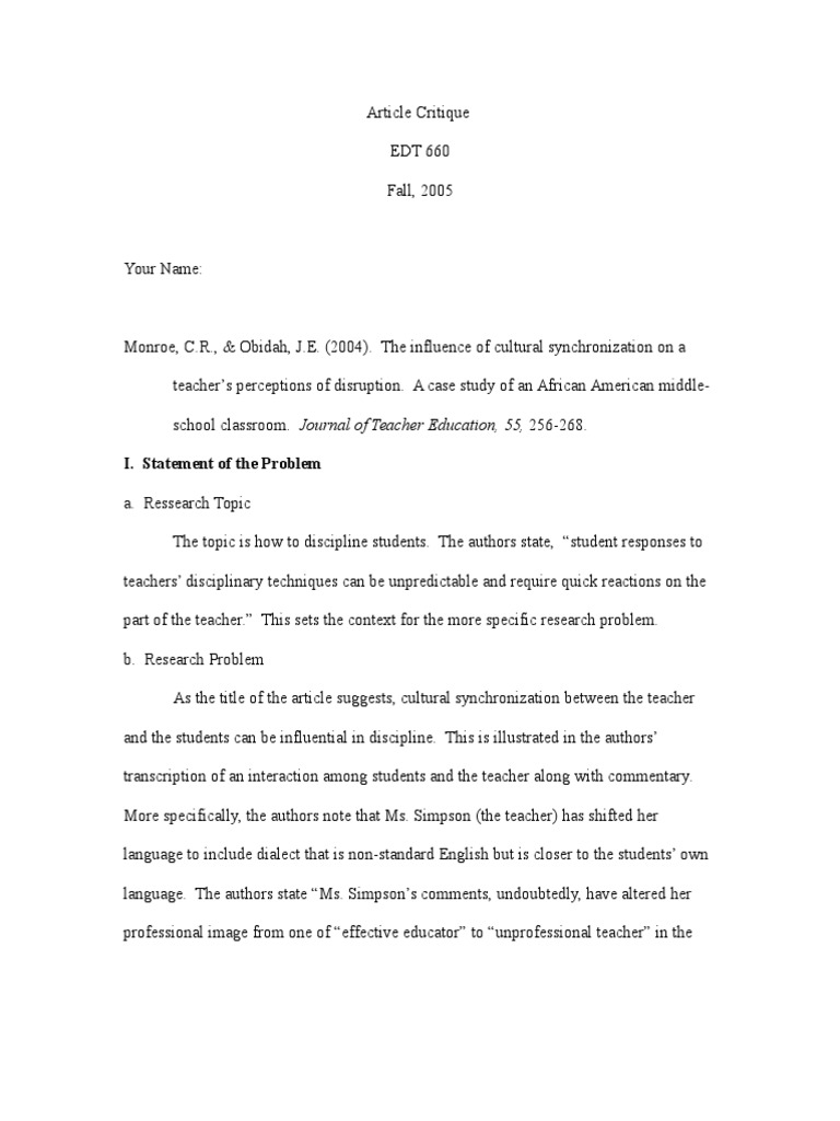 Apa Article Critique Sample