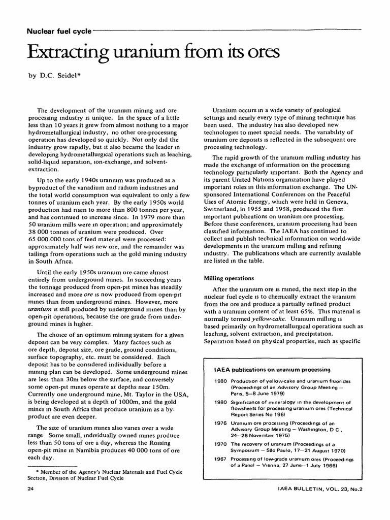 Extracting Uranium From Its Ores: by D.C. Seidel | PDF | Uranium | Mining