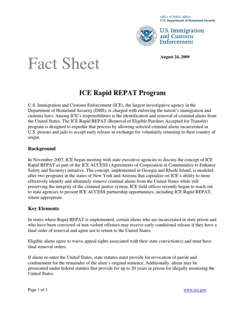 ICE Fact Sheet - Rapid REPAT Program (8/24/09) | PDF | U.S. Immigration ...