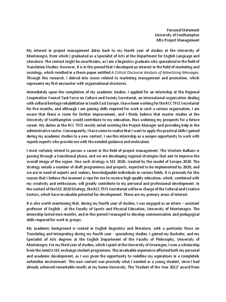 Personal Statement for MSc Project Management | PDF | Leadership ...
