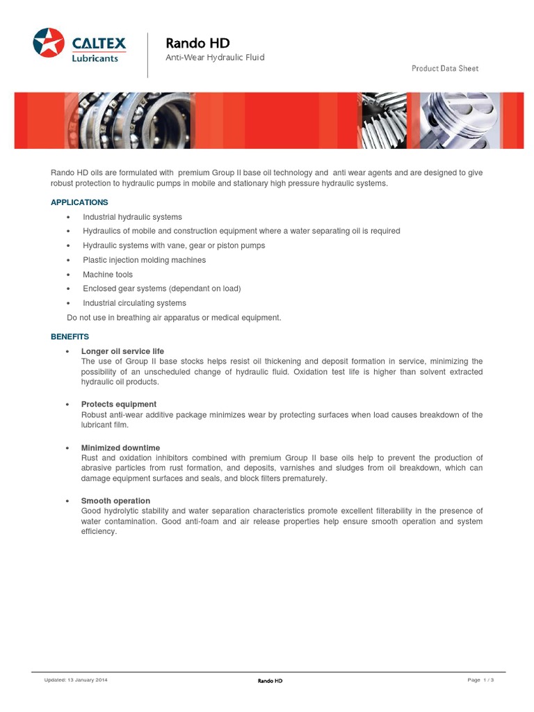 Rando HD: Anti-Wear Hydraulic Fluid | PDF | Wear | Pump