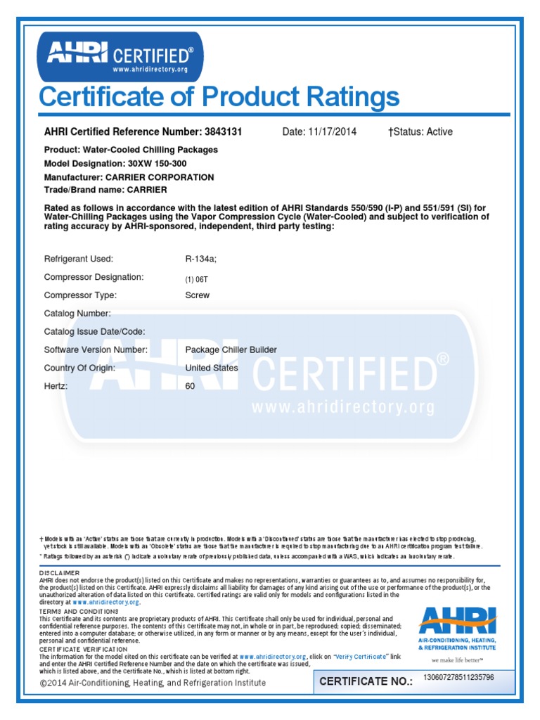 Certificate of Product Ratings: AHRI Certified Reference Number ...