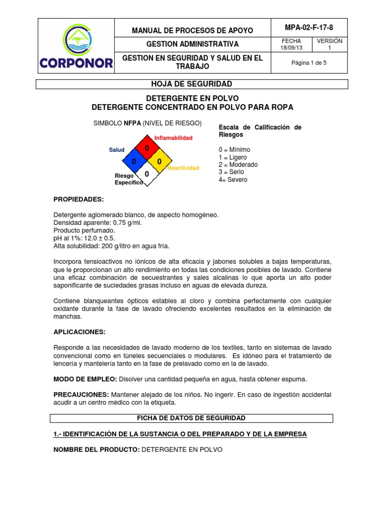 Ficha Técnica Detergente en Polvo Ficha Técnica Detergente en Polvo