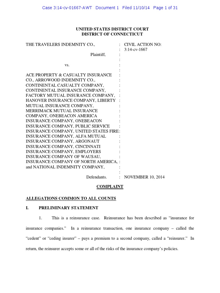 TRAVELERS INDEMNITY CO. v. ACE PROPERTY & CASUALTY INSURANCE COMPANY Et Al Complaint | PDF ...