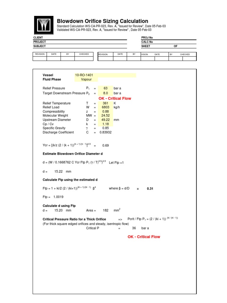 Blowdown Orifice Sizing Calculation | PDF | Teaching Methods & Materials