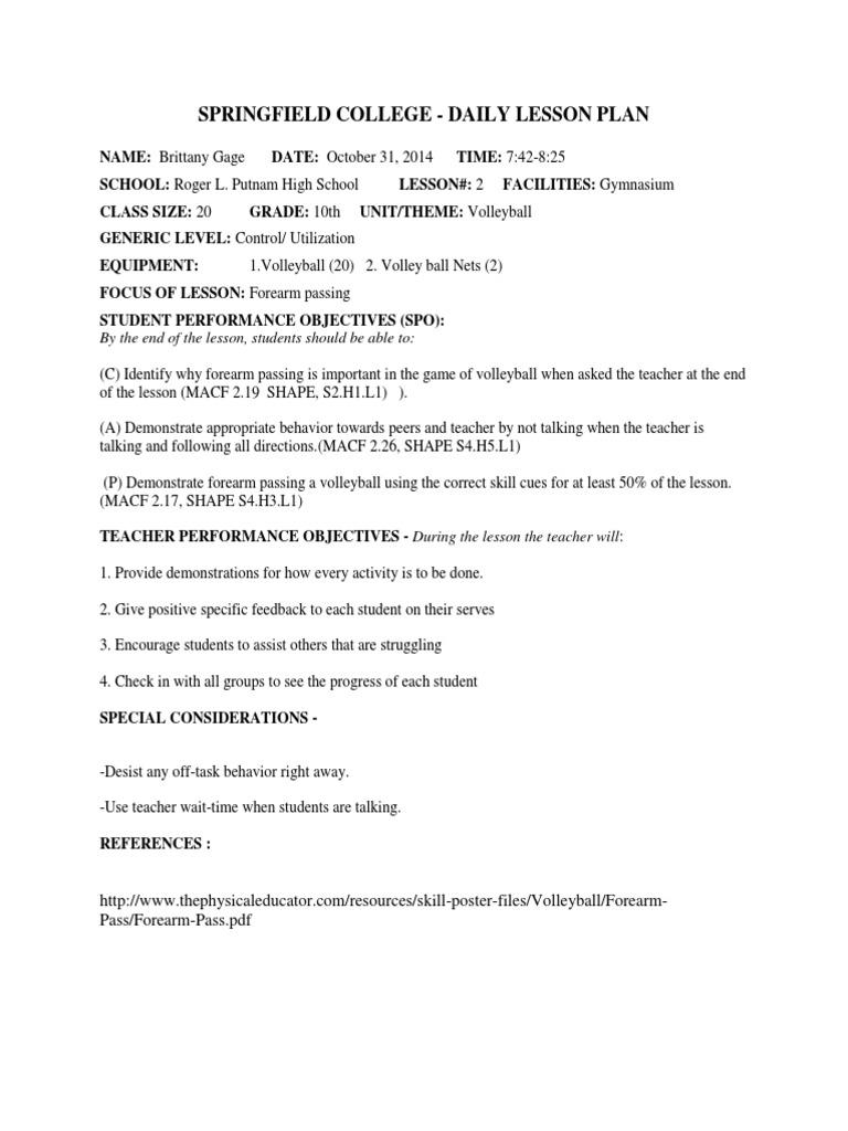 Volleyball Lesson Plan: Forearm Passing | PDF | Volleyball | Anatomical ...