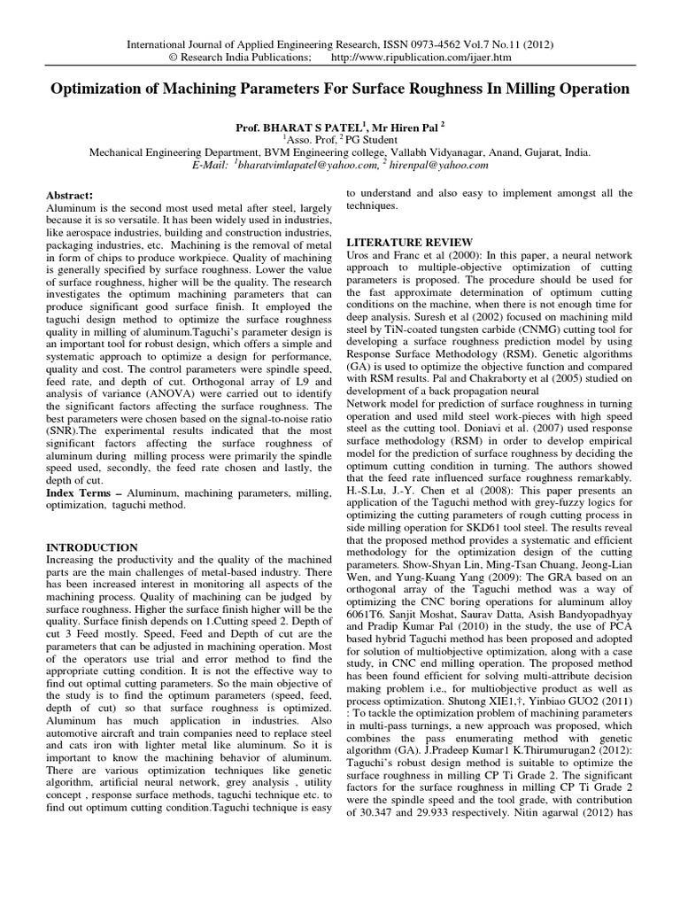 Optimization Of Machining Parameters For Surface Roughness In Milling Operation Pdf Signal