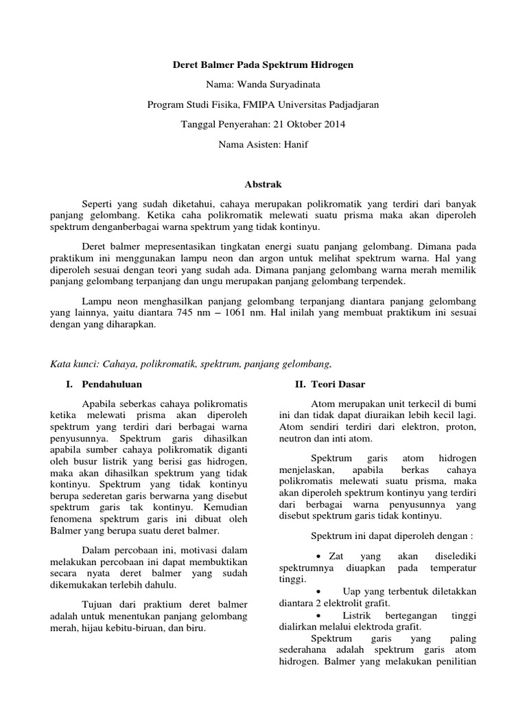 Deret Balmer Pada Spektrum Hidrogen PDF | PDF