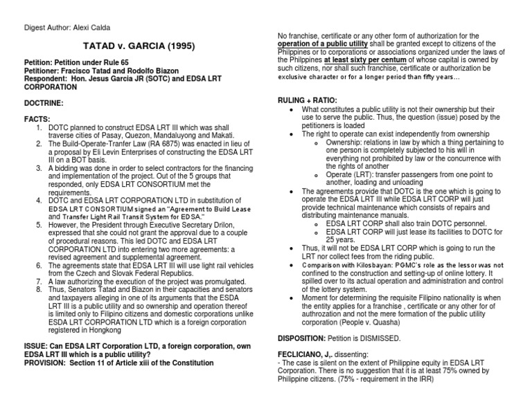 TATAD v. GARCIA (1995) : Digest Author: Alexi Calda | PDF | Light Rail ...