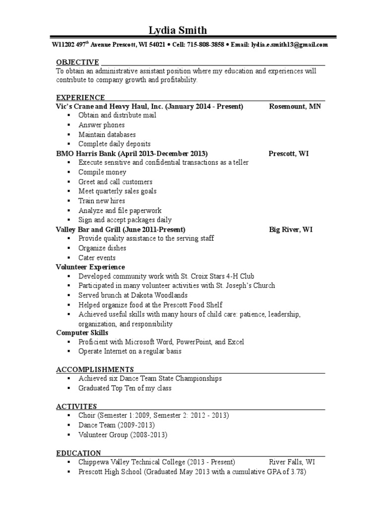Administrative Assistant Resume of Lydia Smith | PDF