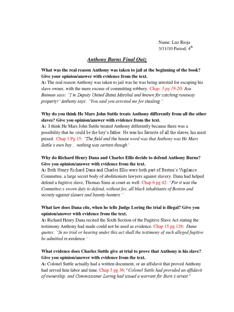 Anthony Burns Final Quiz: Chap 3 PG 15 | PDF | Unfree Labour | Slavery