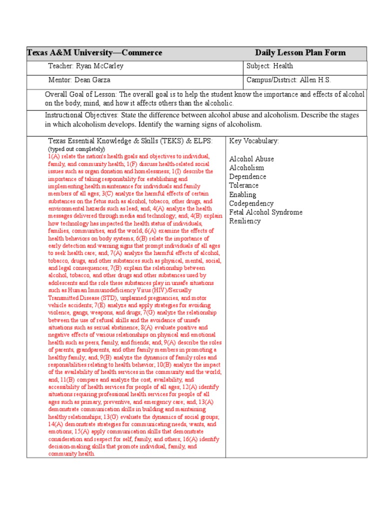 Alcohol Awareness Lesson Plan for Health | PDF | Substance Abuse ...