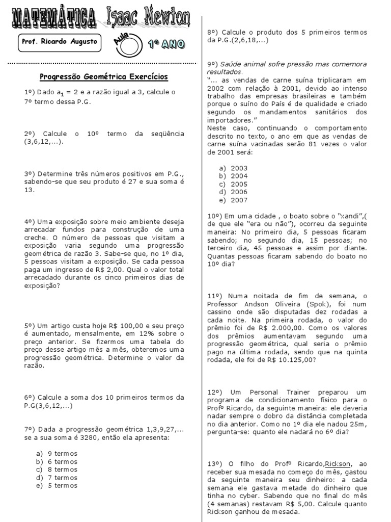 Progressão Geométrica Exercícios 01 | PDF | Natureza | Ensino de Matemática