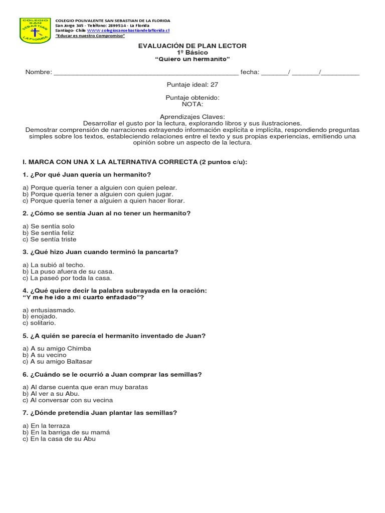 Evaluación del libro "Quiero un hermanito" | PDF | Relaciones ...