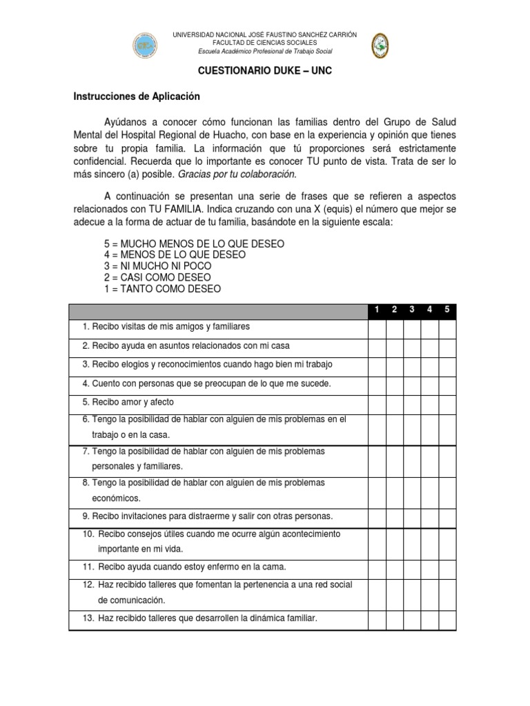 Cuestionario DUKE - UNC | PDF