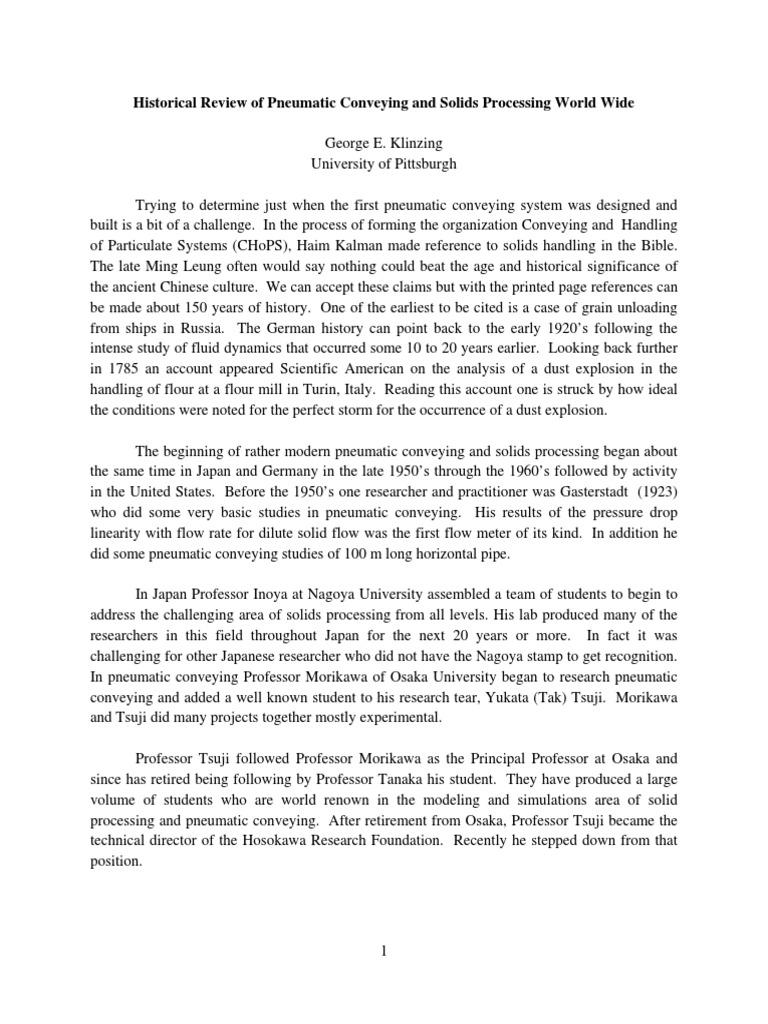 Historical Review of Pneumatic Conveying and Solids Processing World ...