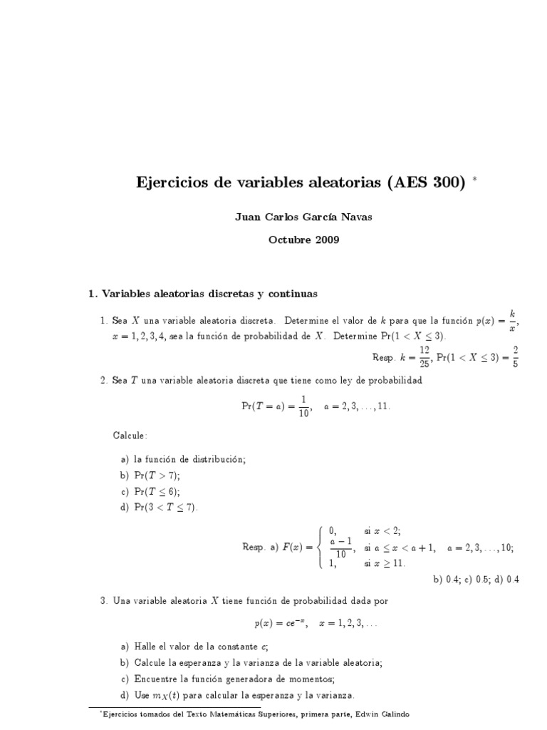 Ejercicios Variables Probabilidad | PDF | Variable aleatoria ...