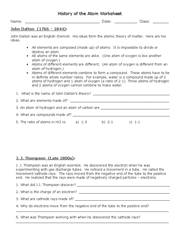 History of The Atom Worksheet | PDF | Atoms | Electron