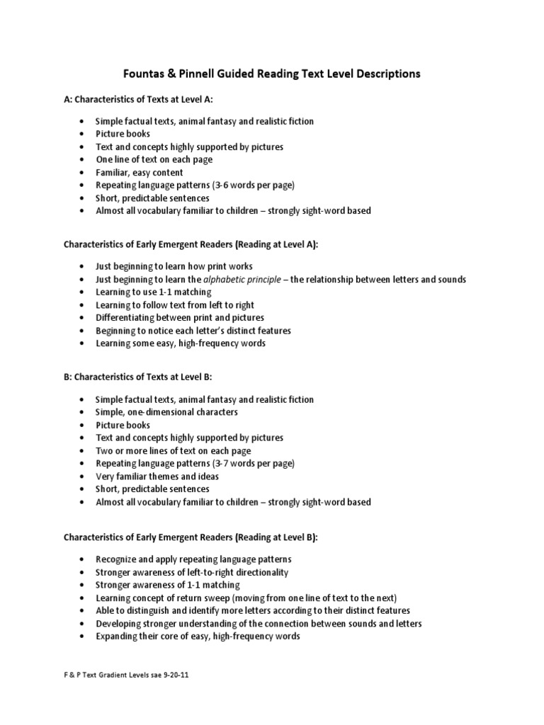 Fountas & Pinnell Reading Levels A-H | PDF | Reading (Process) | Word
