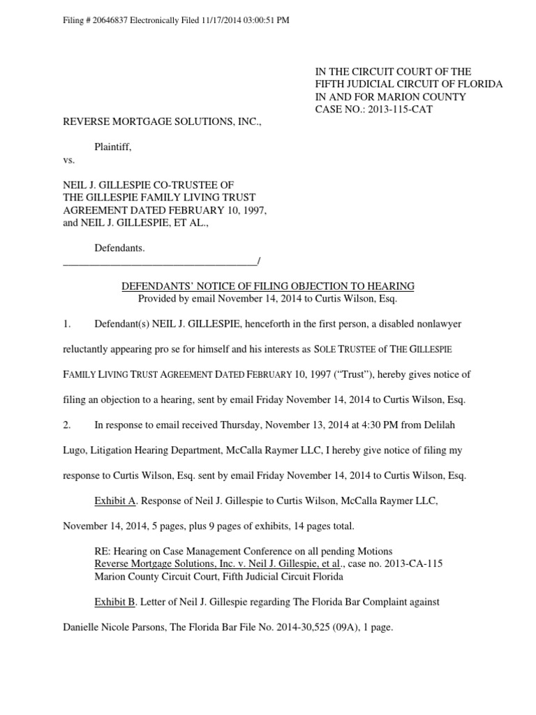 Notice of Filing Objection to Hearing | Public Defender | Mortgage Law