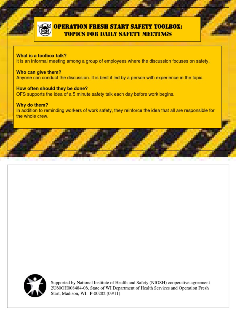 Operation Fresh Start Safety Toolbox: Topics For Daily Safety Meetings ...