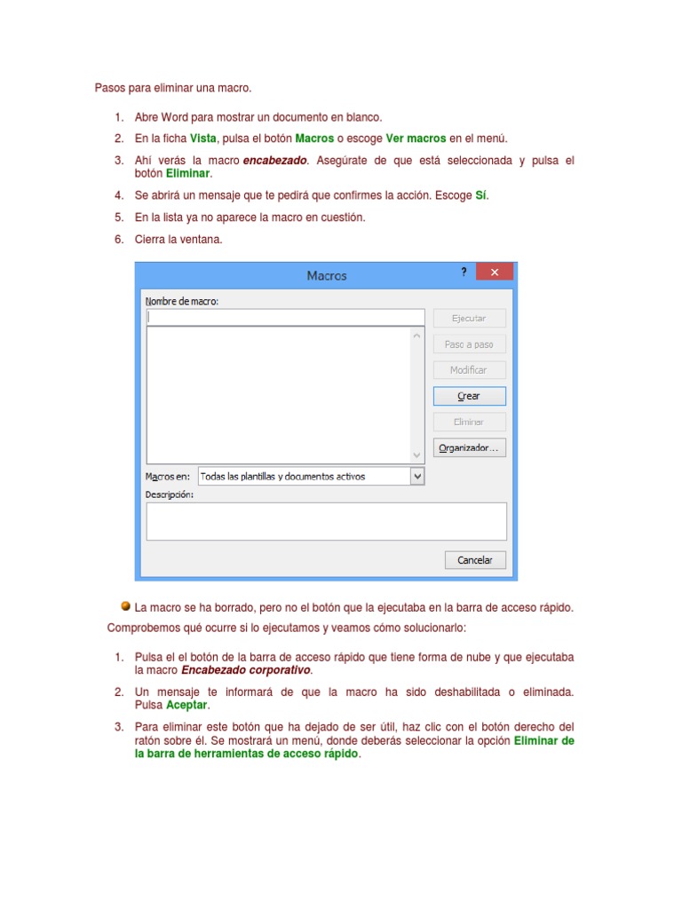 Pasos para Eliminar Una Macro y Combinacion de Correspondencia | PDF | Tabla (base de datos ...