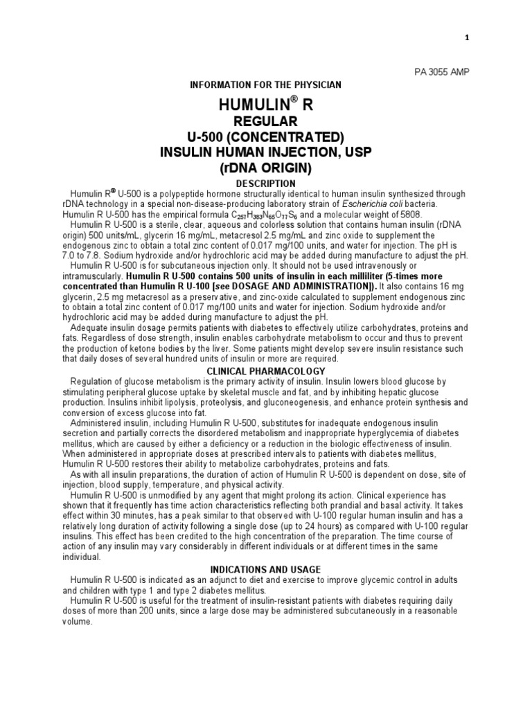 Humulin R: Regular U-500 (Concentrated) Insulin Human Injection, Usp ...