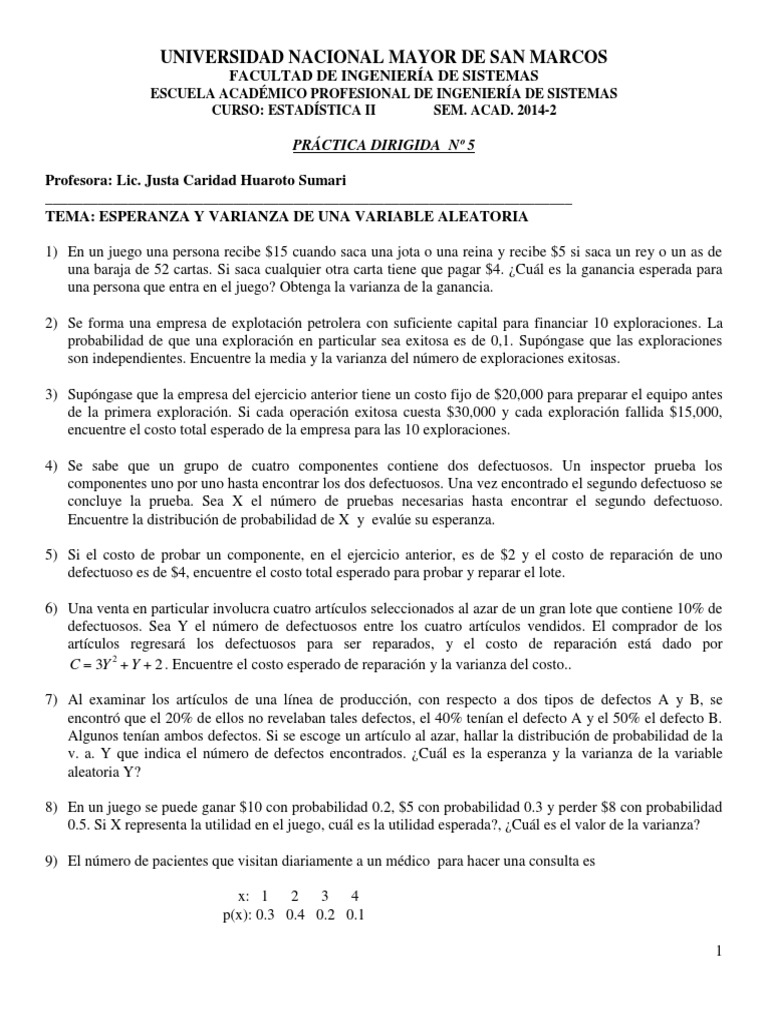 Práctica Dirigida No. 5 | PDF | Variable aleatoria | Diferencia