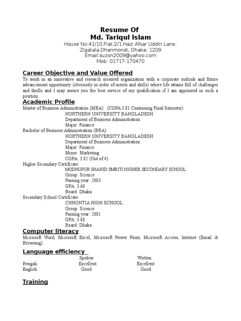Resume of Md. Tariqul Islam: Career Objective and Value Offered | PDF | Master Of Business ...