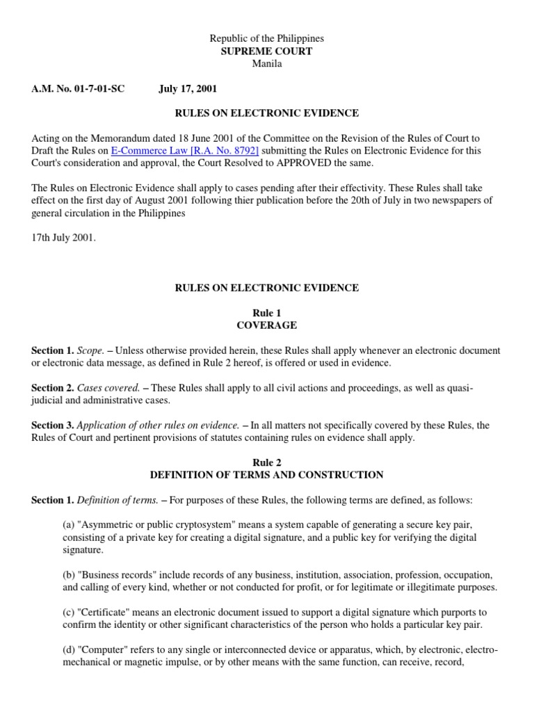 RULES ON ELECTRONIC EVIDENCE (A.M. No. 01-7-01-SC) PDF | PDF | Affidavit | Public Key Cryptography