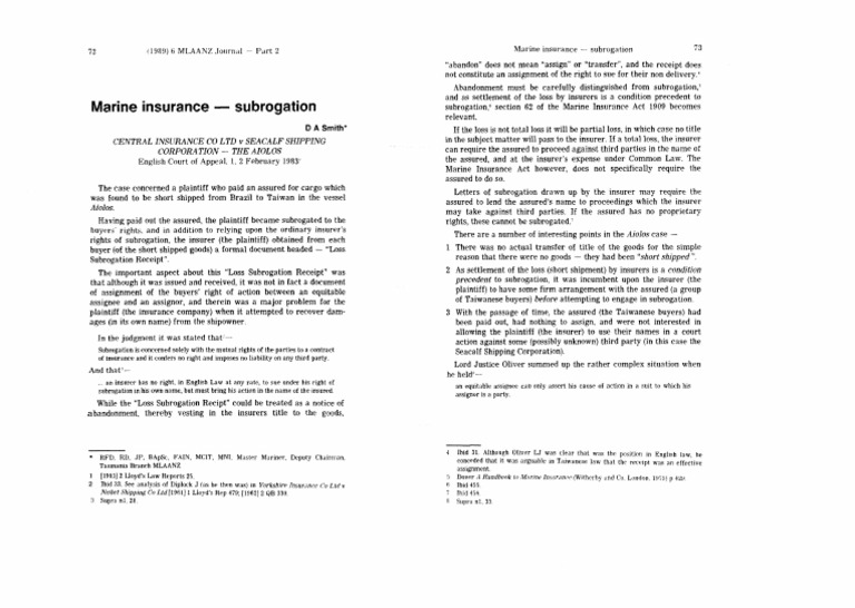 Marine Insurance Subrogation: Mlaanz | PDF | Assignment (Law) | Subrogation