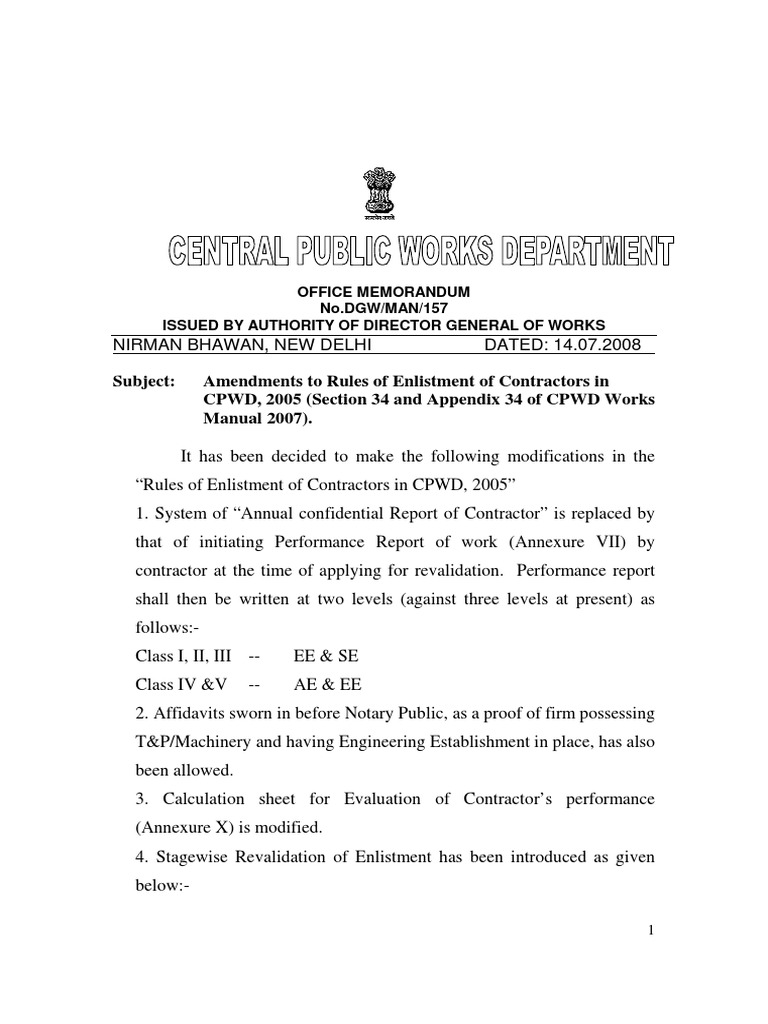 Subject: Amendments To Rules of Enlistment of Contractors in CPWD, 2005 ...