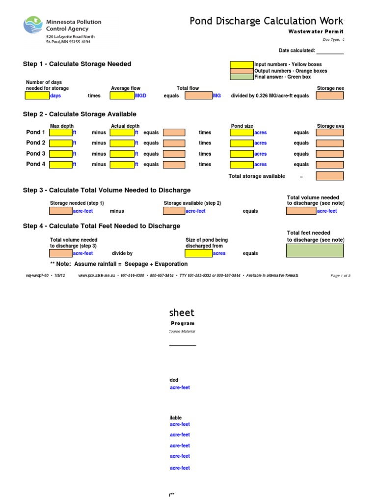 Pond Discharge Calculation Worksheet: Step 1 - Calculate Storage Needed ...